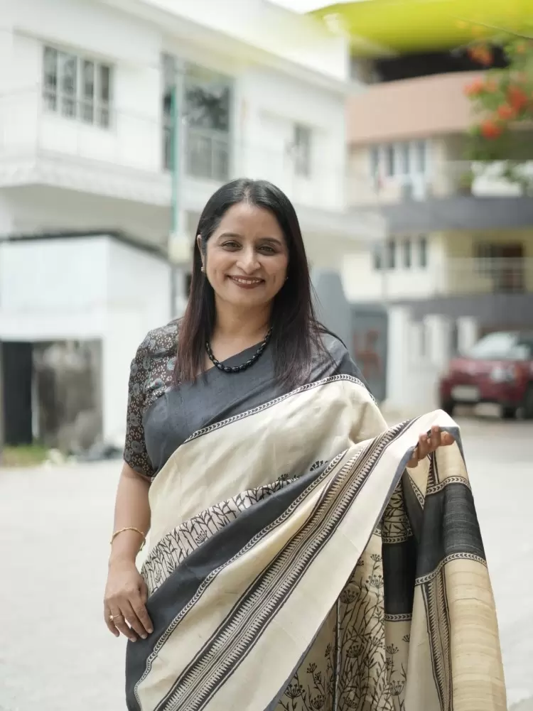 Dark Ash Gray and Beige combination handblock printed pure desi tussar ...