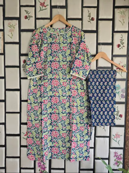 Multi colour combination handblock printed cotton co-ord set